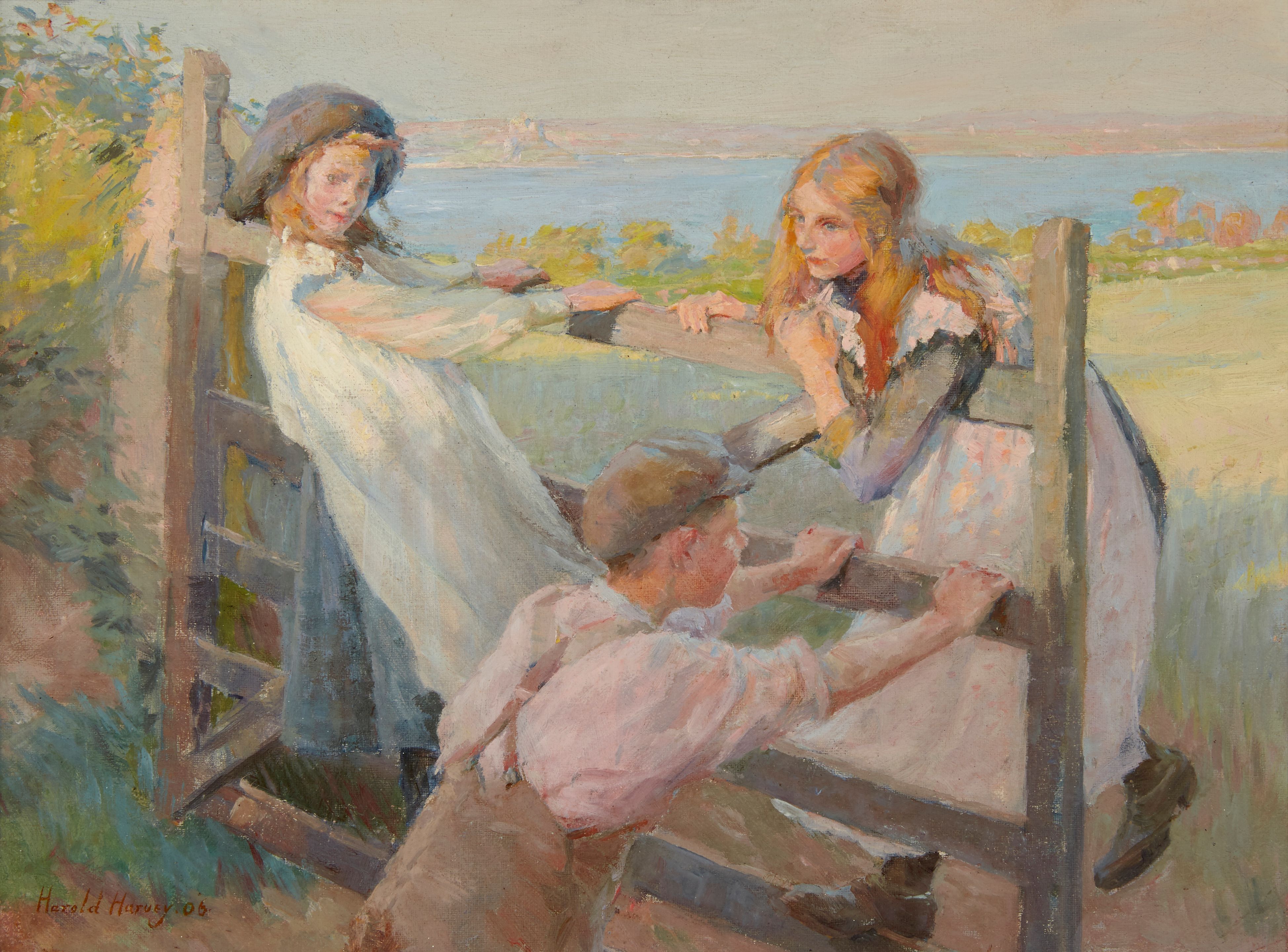 Bonhams : Harold Harvey (British, 1874-1941) Swinging on a gate 12 x 15 ...