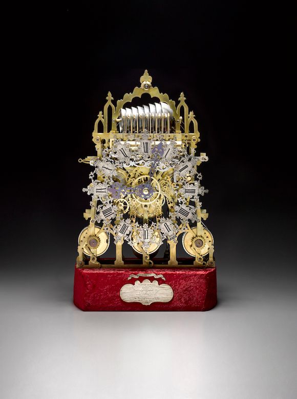 Bonhams : A fine quarter chiming brass skeleton clock with deadbeat ...