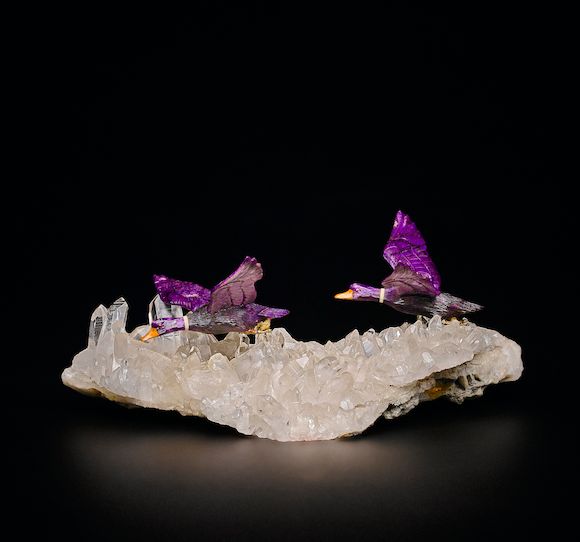 Bonhams : Pair of Sugilite and Opal Carvings of Ducks in Flight