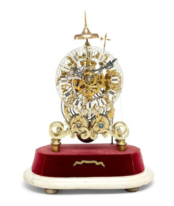 Bonhams : A fine hour and half hour striking skeleton clock with dead ...