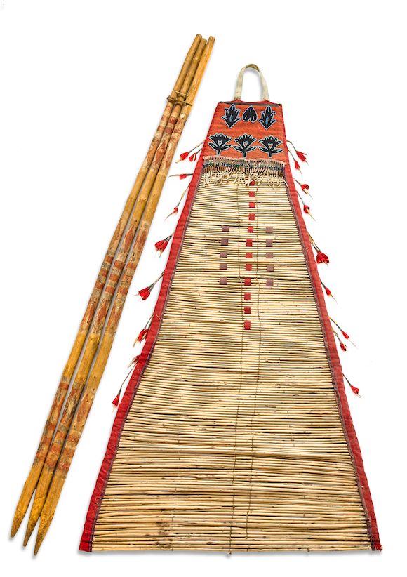 Bonhams : A Blackfoot tipi backrest and tripod