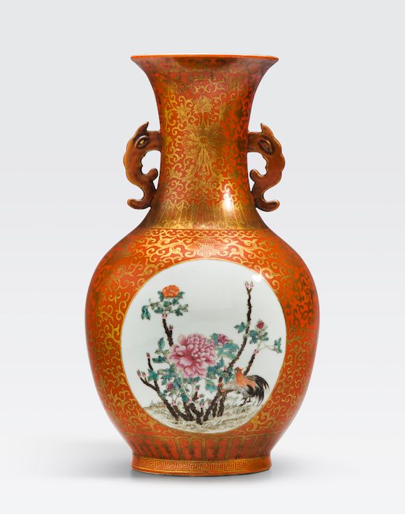 Bonhams : A coral red and gilt ground vase with famille rose floral ...