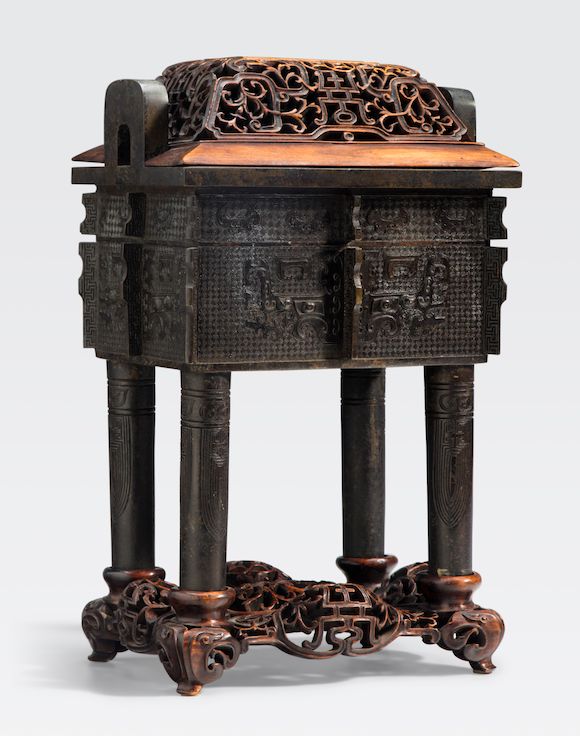 Bonhams : An archaistic cast bronze ritual vessel, fang ding 19th century