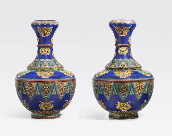 Bonhams : A pair of two-section cloisonné enameled metal ovoid vases ...
