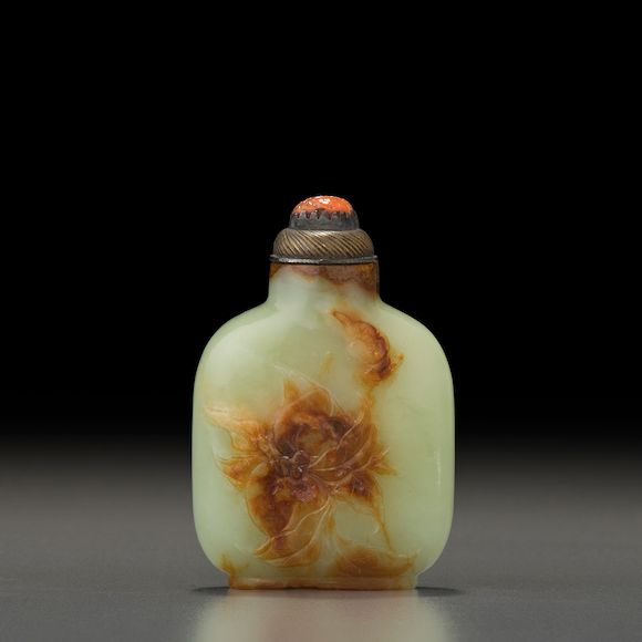 Bonhams : A greenish-white and russet jade 'peach and bat' snuff bottle ...