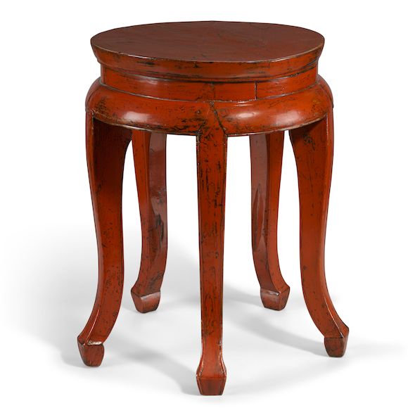 Bonhams : A circular wood five-leg table with red lacquer finish The ...