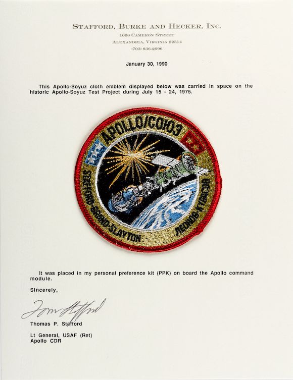 Bonhams : TOM STAFFORD'S FLOWN APOLLO-SOYUZ MISSION EMBLEM CARRIED ON ...