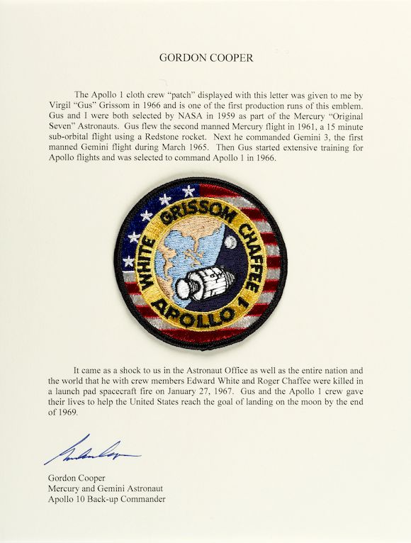 Bonhams : GORDON COOPER'S APOLLO 1 CREW EMBLEM RECEIVED JUST PRIOR TO ...