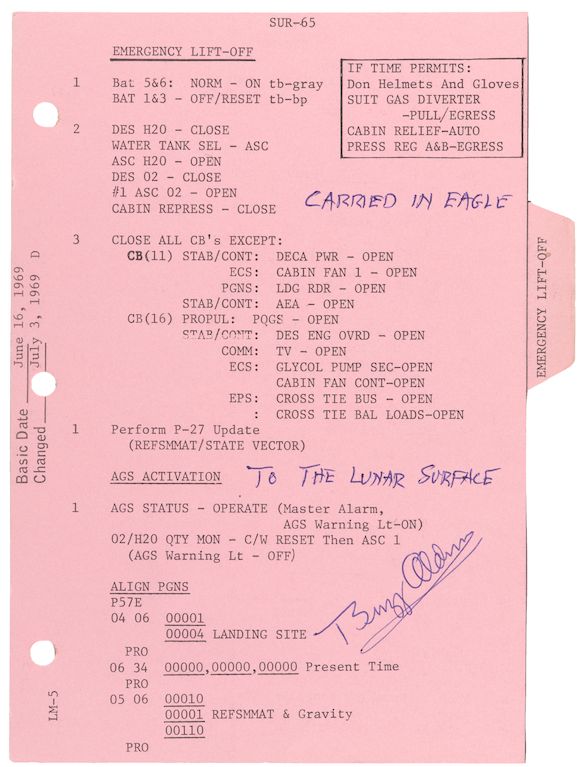 Bonhams : FLOWN APOLLO 11 CHECKLIST SHEET FOR A LUNAR SURFACE ABORT ...