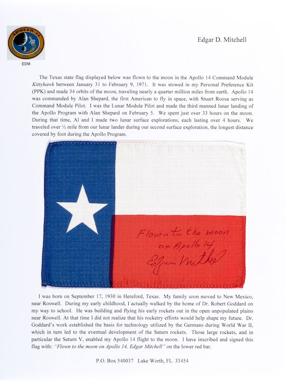 Bonhams : EDGAR MITCHELL'S TEXAS FLAG CARRIED ON APOLLO 14 BORN IN ...