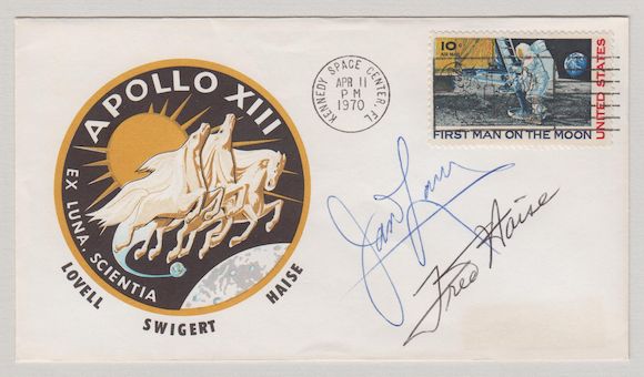 Bonhams : APOLLO 13 EMBLEM COVER, SIGNED Postal envelope, 3½ x 6½ inches.