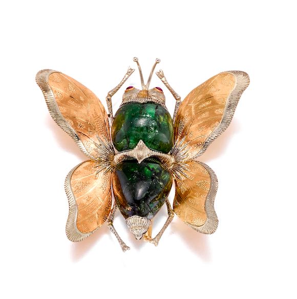 Bonhams : An 18k gold, tourmaline and ruby bug brooch, Buccellati,