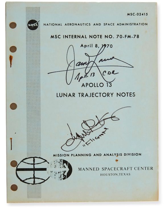 Bonhams : APOLLO 13 LUNAR TRAJECTORY NOTES, SIGNED BY HAISE & LOVELL ...