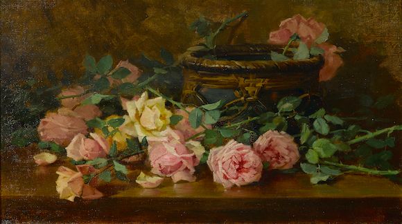 Bonhams : Edith White (American, 1855-1946) Pink Roses 16 x 28in ...