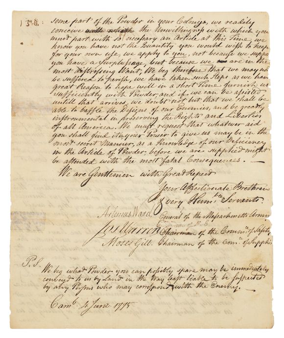 Bonhams : WARREN, JOSEPH. 1741-1775. Letter Signed ("Jos Warren") as ...
