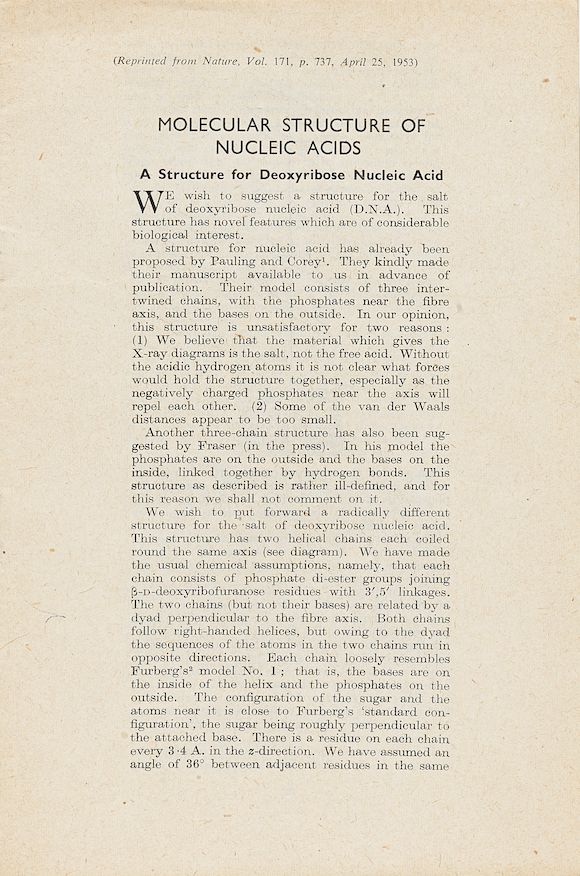 Bonhams : WATSON & CRICK: THE DISCOVERY OF THE STRUCTURE OF DNA. 1 ...