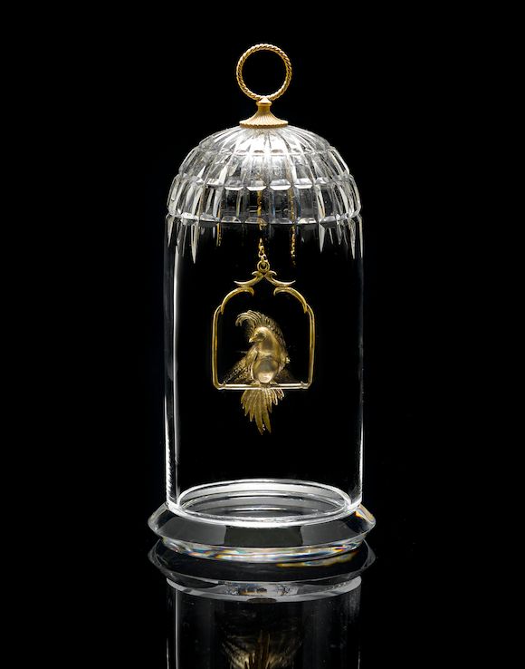 Bonhams : A Steuben cut glass and 18kt gold sculpture: Bird CageModel ...