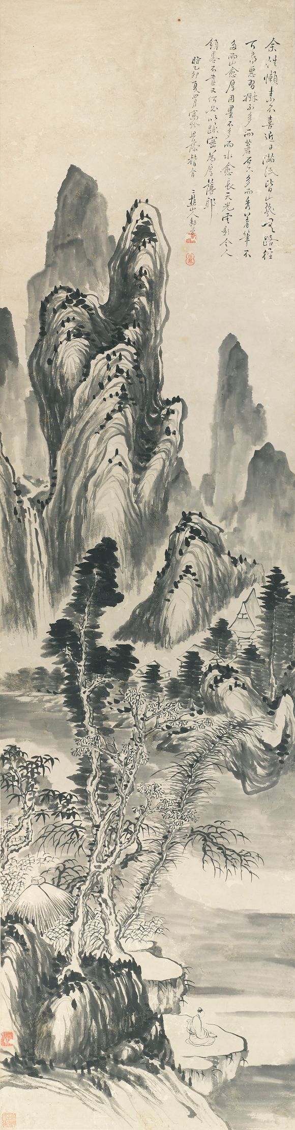 Bonhams : LI JIAN (1747-1799) Landscape with a Scholar Playing the ...