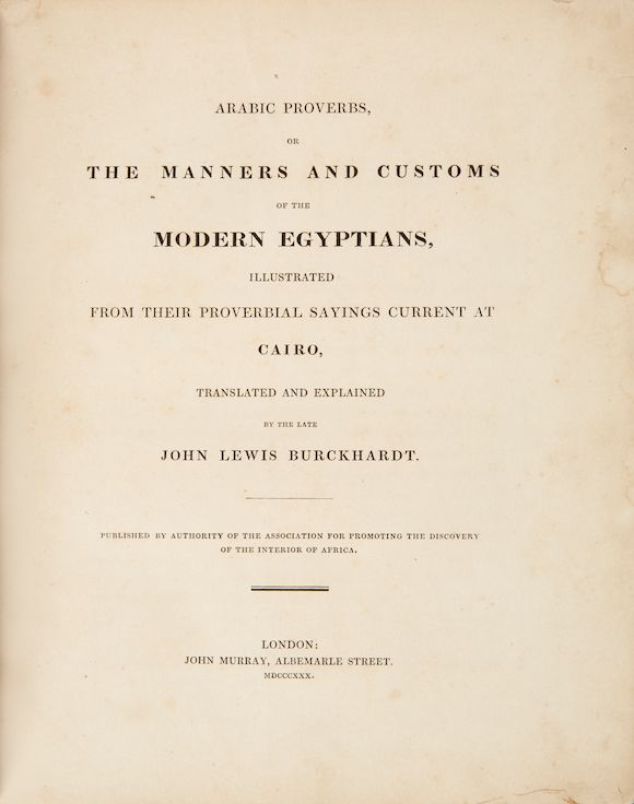 Bonhams : BURCKHARDT, JOHN LEWIS. 1784-1817. Arabic Proverbs, or the ...