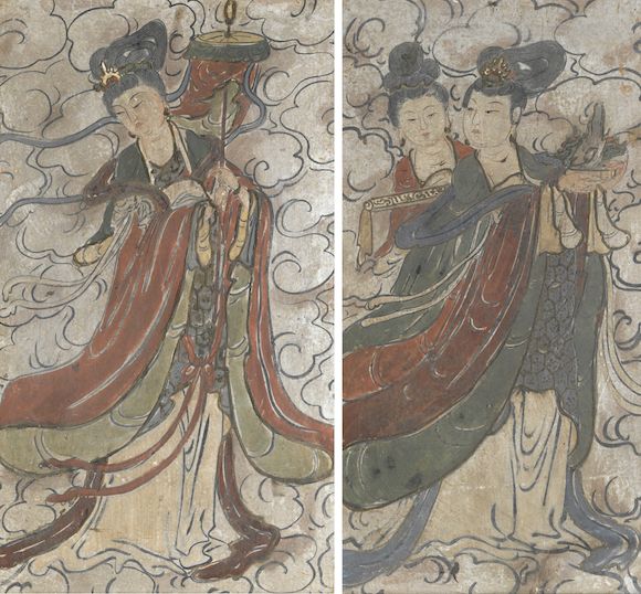 Bonhams : A pair of stucco paintings of female immortals Ming Style