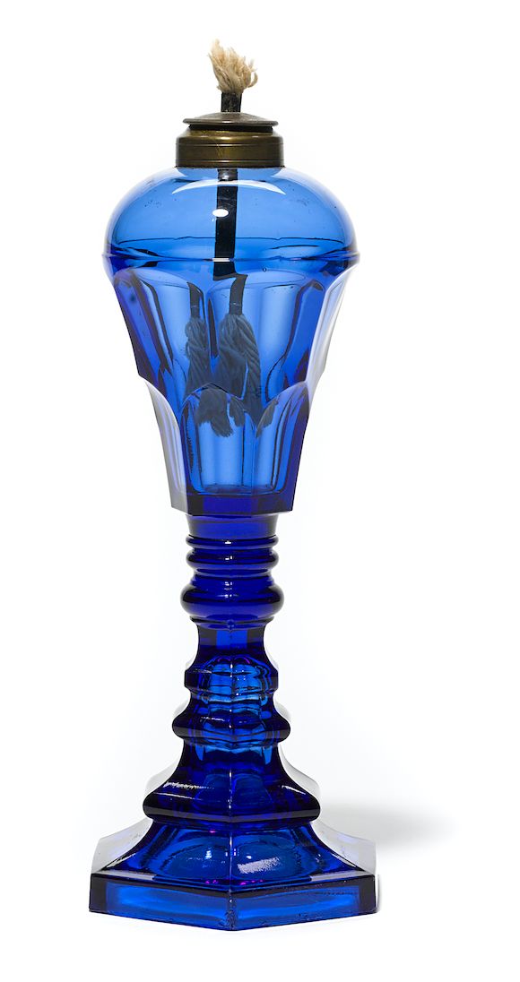 Bonhams : An American blue color flint glass oil lamp 19th century