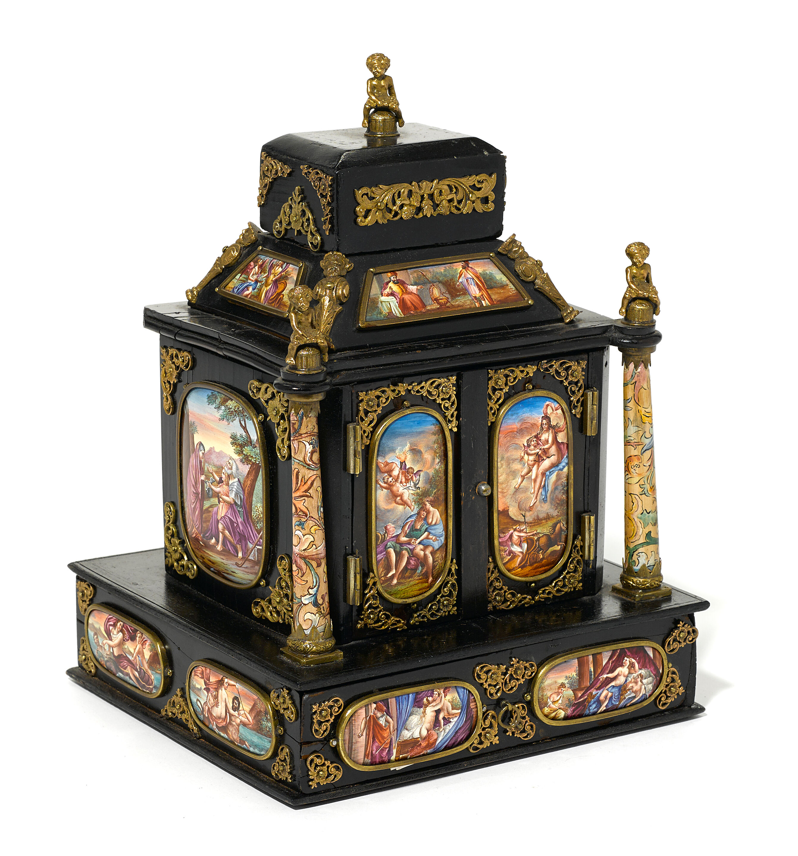 Bonhams : An Austrian gilt metal and enamel ebonized miniature table cabinet second half 19th ...