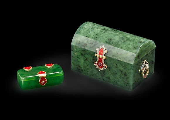 Bonhams : Two stone-inset red-enamelled silver-gilt-mounted nephrite ...