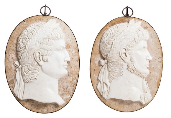 Bonhams : An imposing pair of Roman style carved marble portrait panels ...