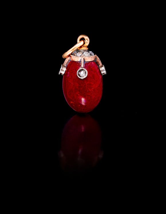 Bonhams : A miniature egg, purpurine and gold Fabergé, workmaster ...