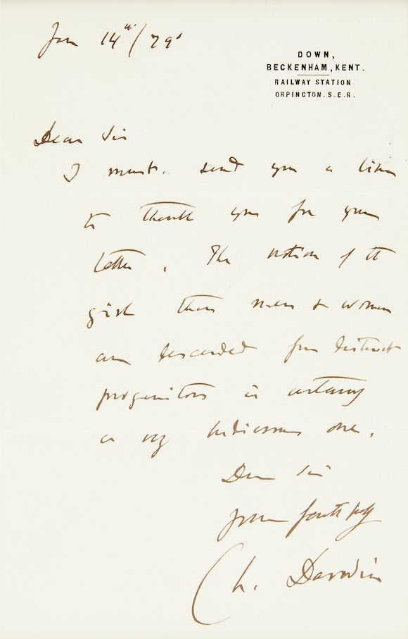 Bonhams : DARWIN, CHARLES. 1809-1882. Autograph Letter Signed ("Ch ...
