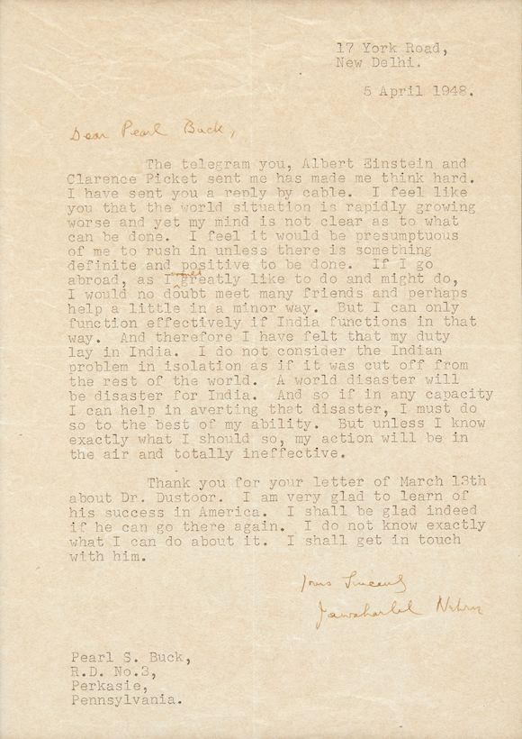 Bonhams : NEHRU, JAWAHARLAL. 1889-1964. Typed Letter Signed ...