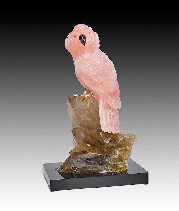 Bonhams : Rose Quartz Cockatoo on Rutilated Quartz Base By Peter Mueller