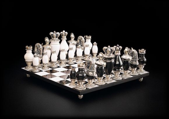 Bonhams : Gem-Encrusted Kascholong Opal and Black Nephrite Chess Set