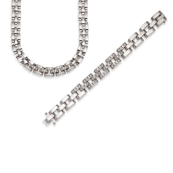 Bonhams : A diamond and 18k white gold brickwork link necklace and bracelet