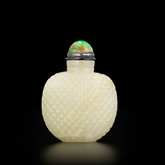 Bonhams : A grayish-white jade 'basket-weave' snuff bottle 1850-1930