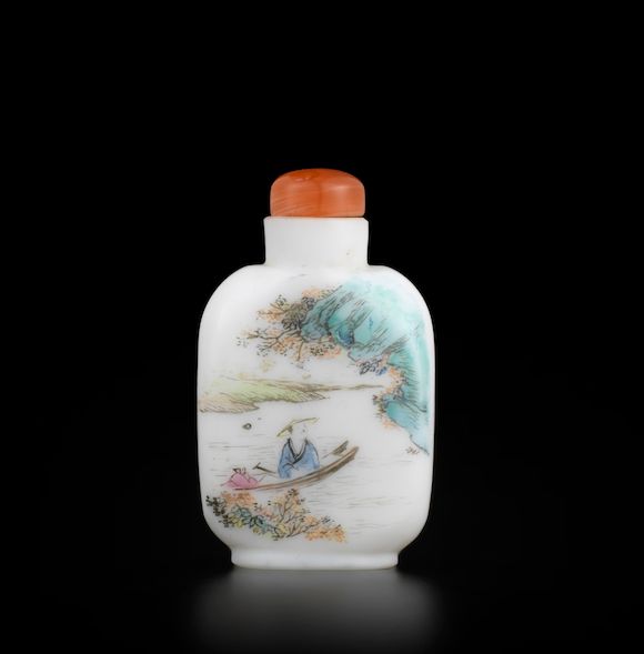 Bonhams : An inscribed and enameled 'figure and landscape' white glass snuff bottle 1760-1850