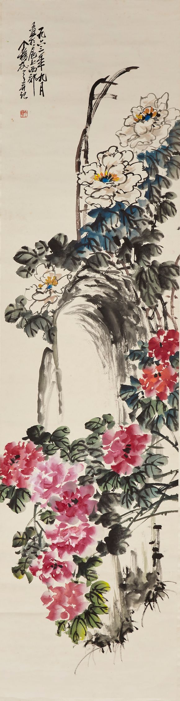 Bonhams : Wang Geyi (1896-1988) Peonies, Camellia and Rock, 1963