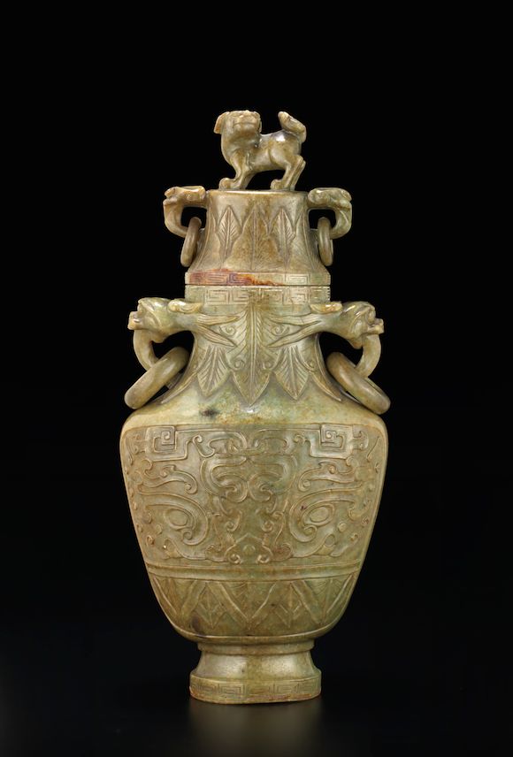 Bonhams : An olive geen jade vase and cover Late Qing/Republic period