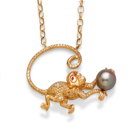 Bonhams : A colored cultured pearl, colored diamond and 18k gold monkey ...