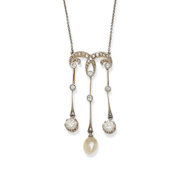 Bonhams : An antique diamond, pearl and platinum-topped gold necklace,
