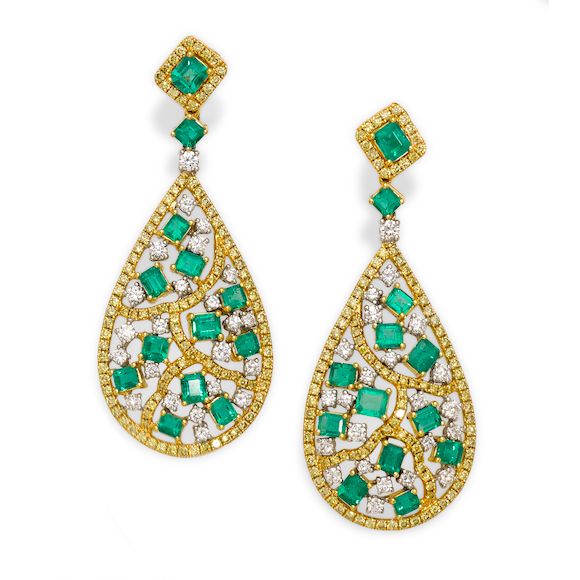 Bonhams : A pair of diamond, colored diamond, emerald and 18k bi-color ...