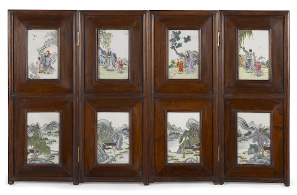 Bonhams : A four-panel wood table screen mounted with polychrome ...