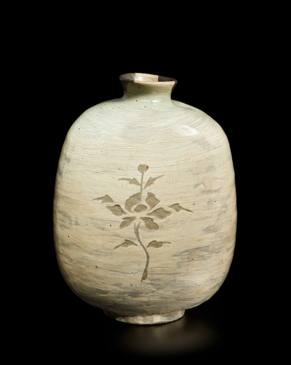 Bonhams : A buncheong stoneware bottle with flattened sides and carved ...