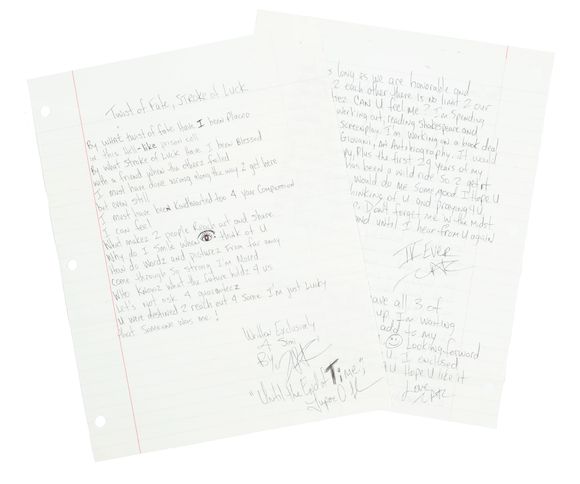 Bonhams : A Tupac Shakur handwritten letter
