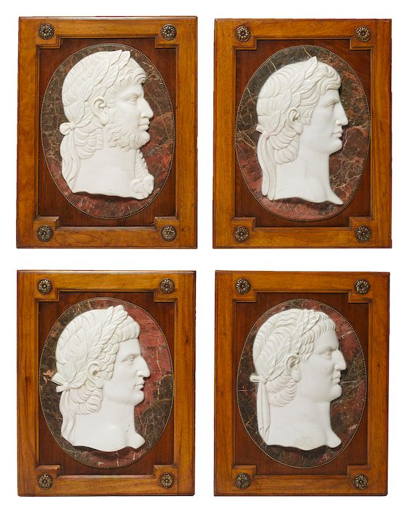 Bonhams : A set of four carved marble relief portrait panels of Roman ...