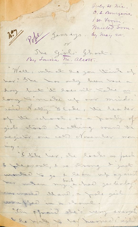 Bonhams : ALCOTT, LOUISA MAY. 1832-1888. Autograph Manuscript, the ...