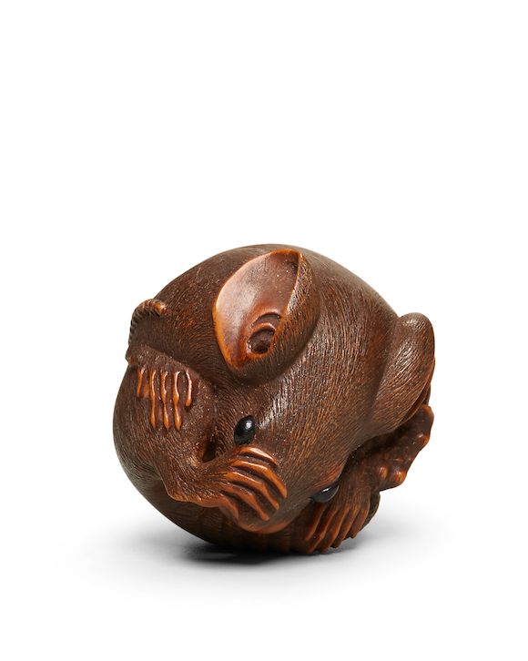 Bonhams : Masanao of Yamada A wood netsuke of a coiled ratEdo period ...