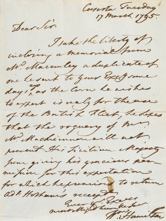 Bonhams : HAMILTON, WILLIAM. 1730-1803. 1. Autograph Letter Signed ("Wm ...