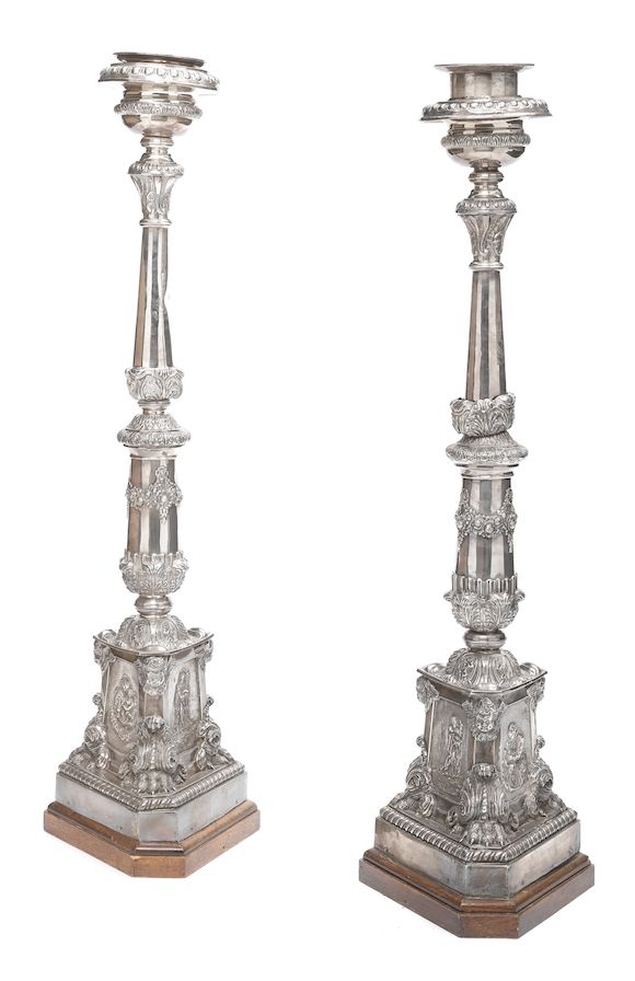 Bonhams : A pair of monumental silvered metal altar sticks first half ...
