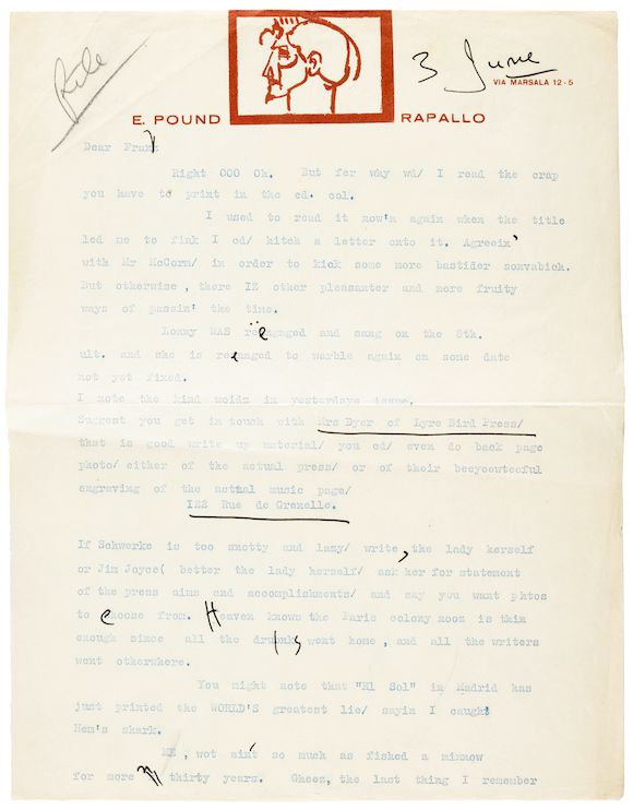 Bonhams : POUND, EZRA. 1885-1972. Typed Letter Signed ("E.P."), with ...